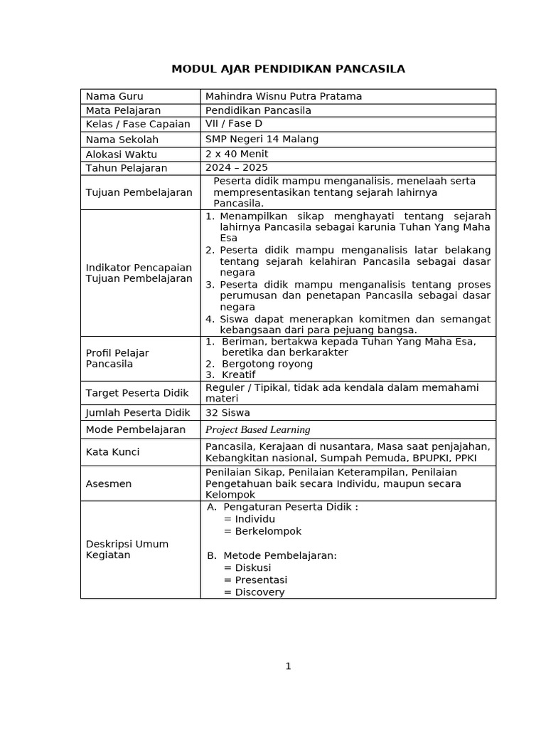 Modul Ajar Pendidikan Pancasila: Project Based Learning | PDF