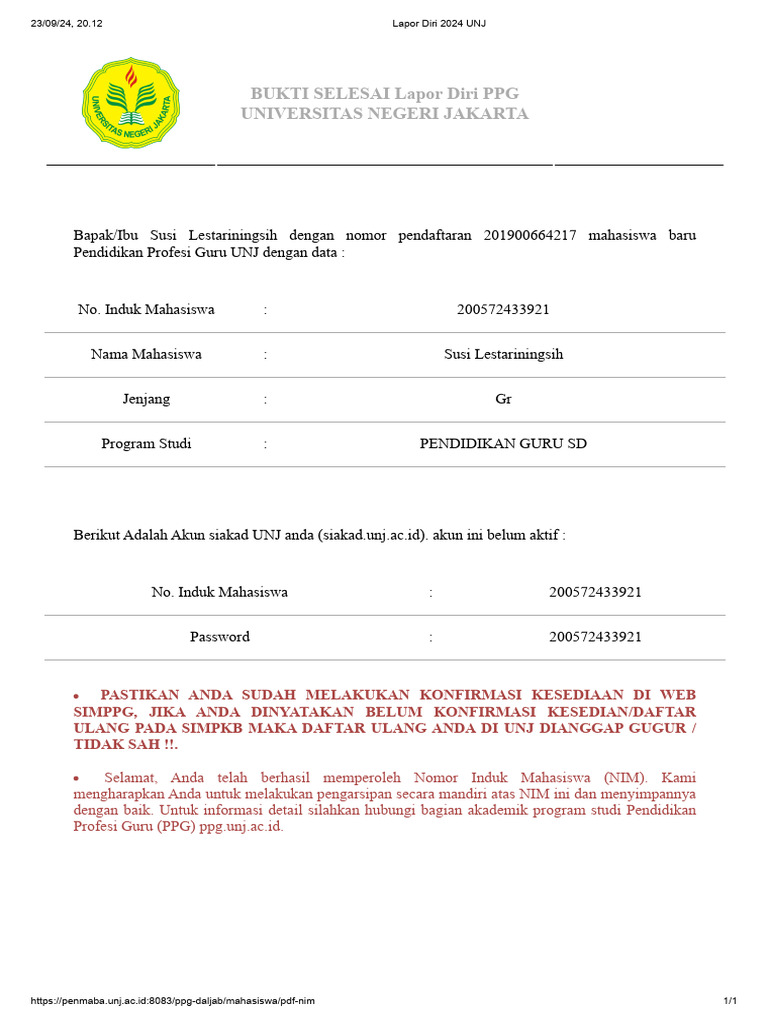 Lapor Diri 2024 UNJ | PDF