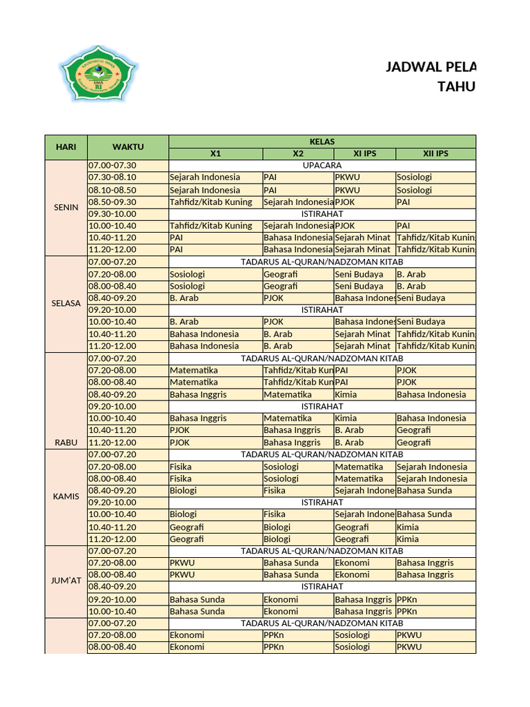 REVISI JADWAL MAPEL SMA RI 24-25 Fix | PDF