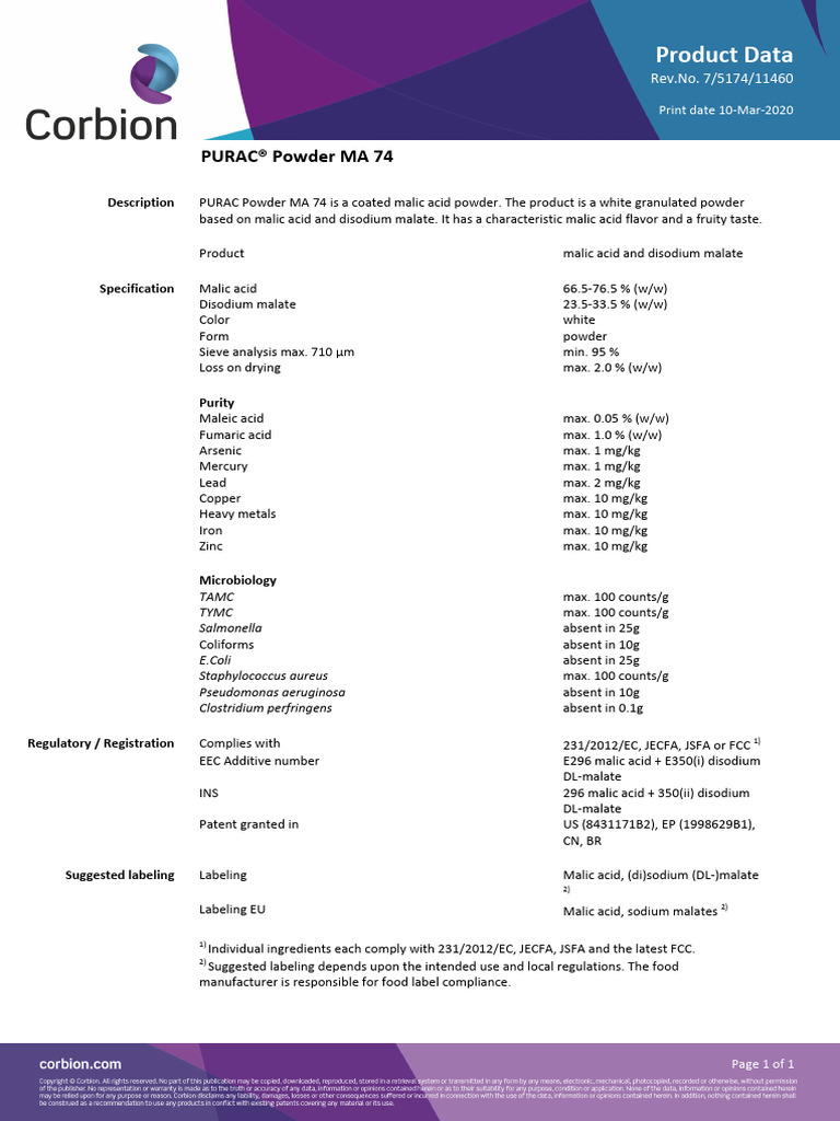 TDS PDS-PURAC Powder MA 74 v7 | PDF | Chemical Substances | Materials