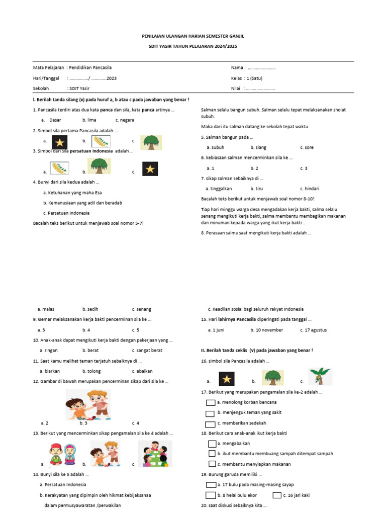 Soal Latihan PKN Kls 1 | PDF