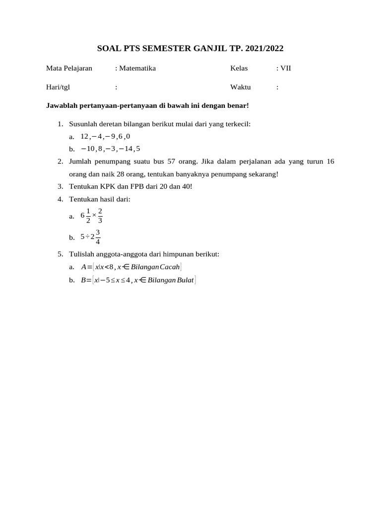 Soal PTS Ganjil Matematika KLS Vii | PDF