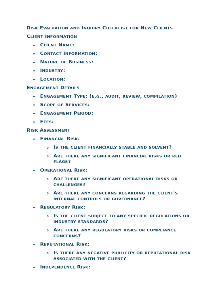 RISK EVALUATION AND INQUIRY CHECKLIST | PDF RISK EVALUATION AND INQUIRY CHECKLIST | PDF