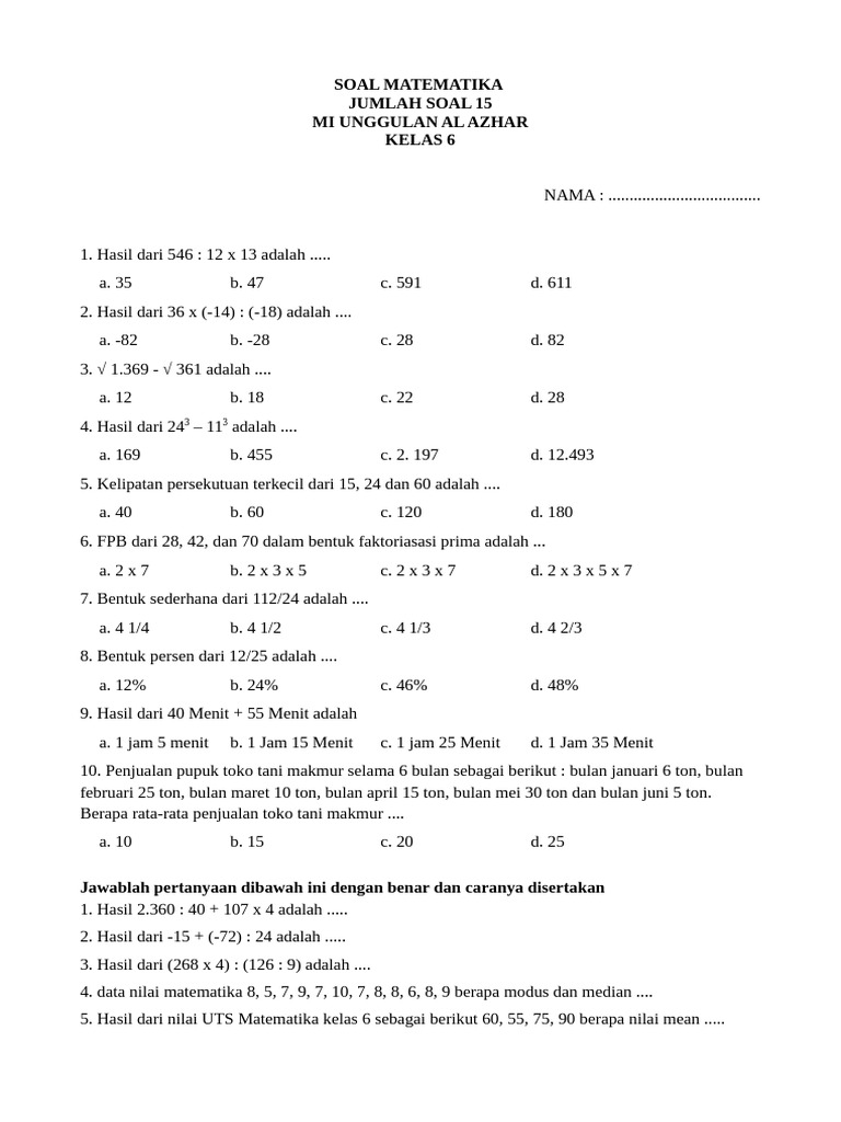 SOAL MTK KELAS 6 | PDF