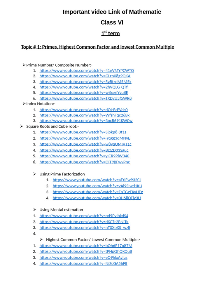 Important Video Links o Mathematics Class VI | PDF