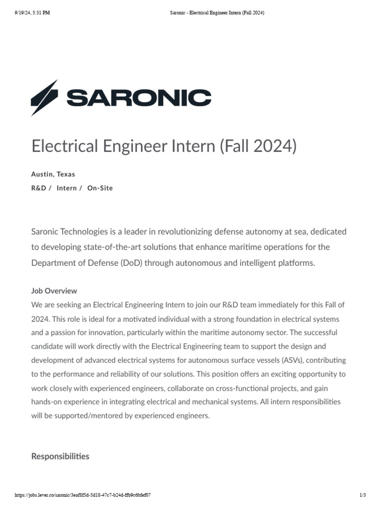 Saronic - Electrical Engineer Intern (Fall 2024) | PDF | Reliability Engineering | Engineering