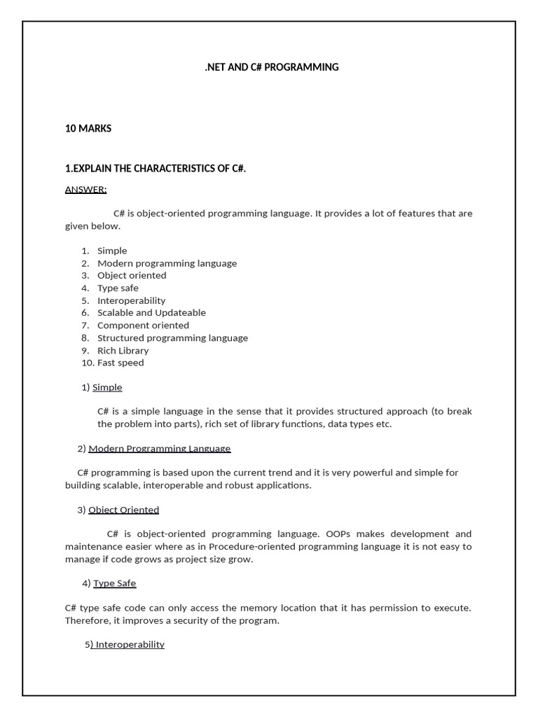 C Sharp 10 Markss Pdf