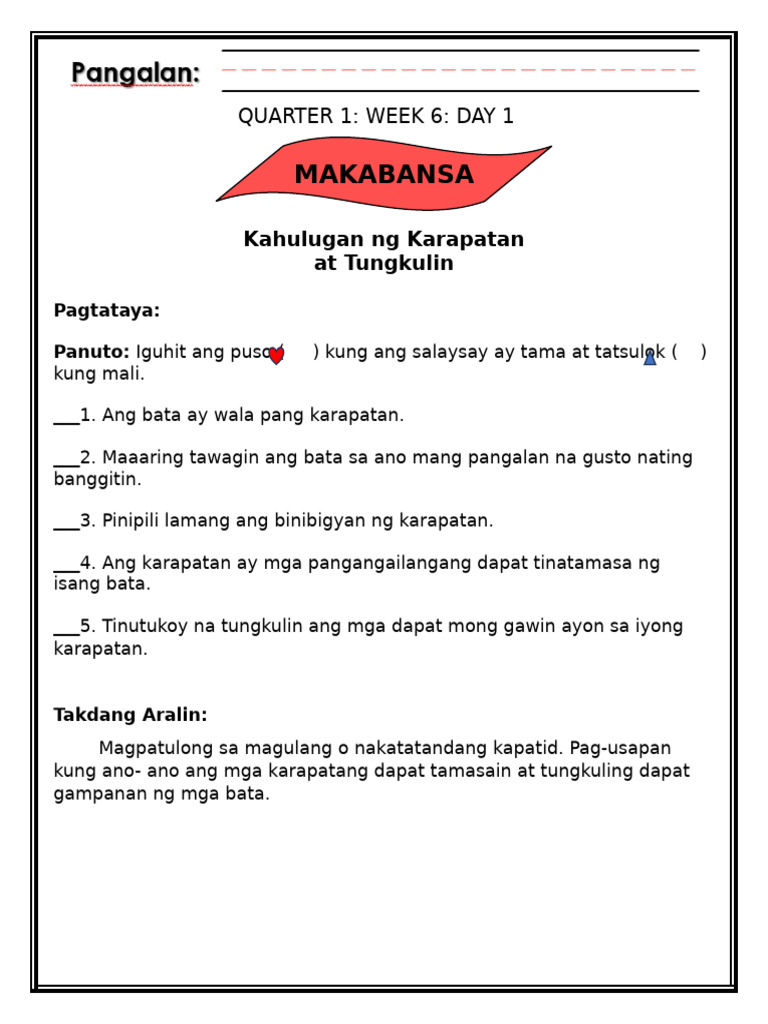 Worksheet Makabansa Q1 Week6 | PDF