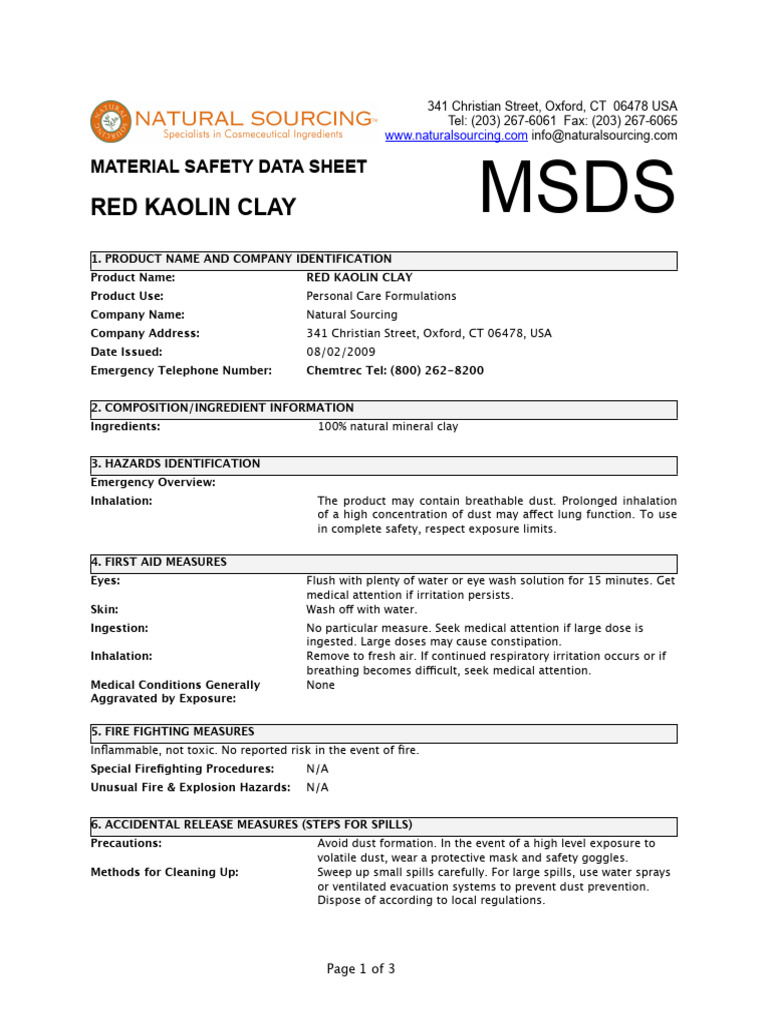 Kaolin - Clay - Red MSDS | PDF