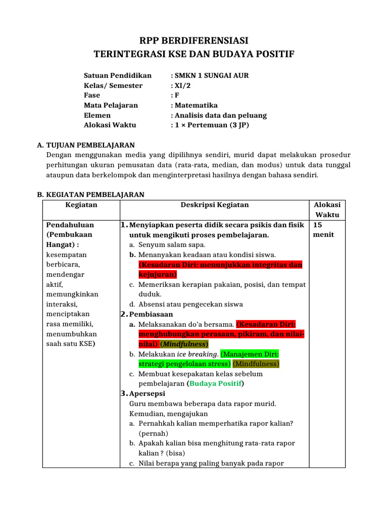 RPP BERDIFERENSIASI Dan PSE - Zamroni | PDF