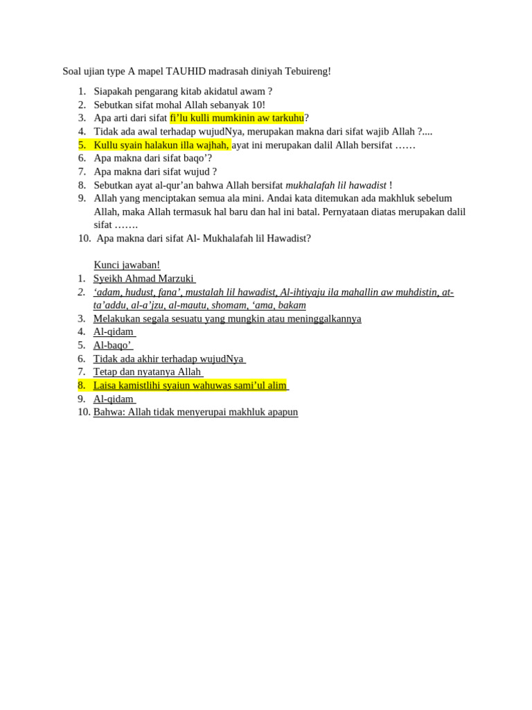 Soal Ujian Type A Dan B Mapel TAUHID Madrasah Diniyah Tebuireng | PDF