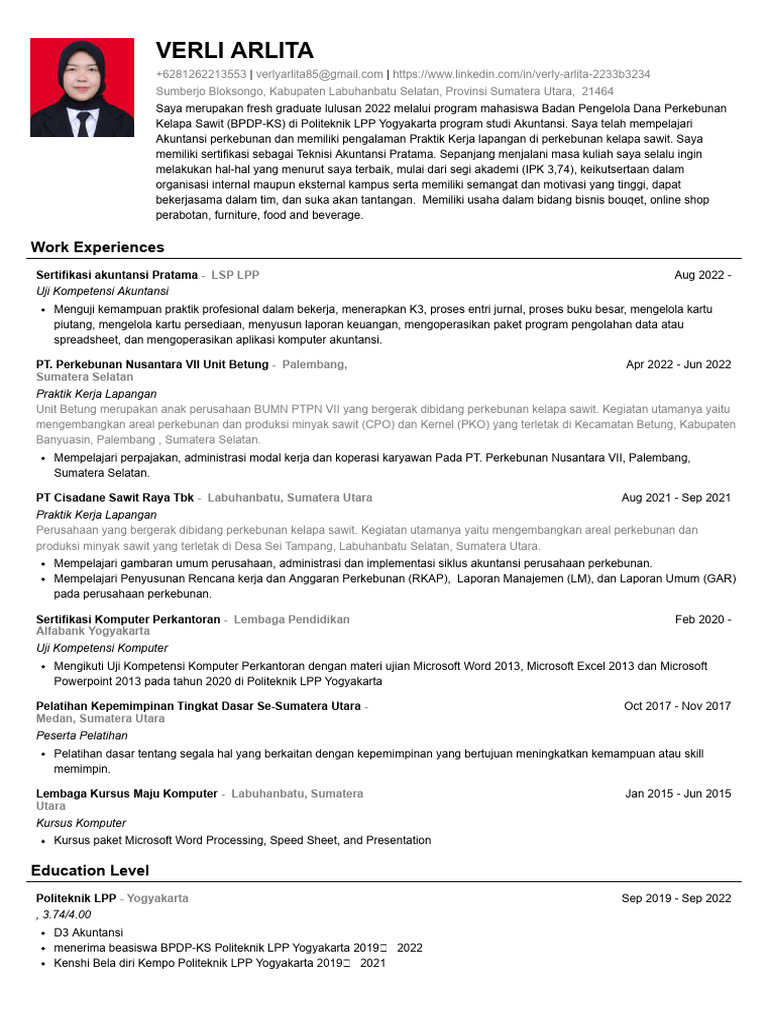 CV VERLI ARLITA - ACCOUNTING 2022 - Compressed | PDF | Career & Growth ...