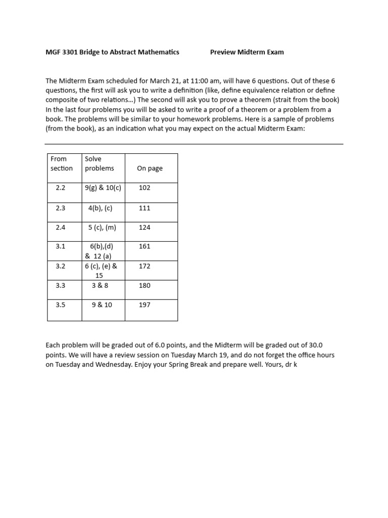 MGF 3301 Bridge Preview Midterm Exam | PDF