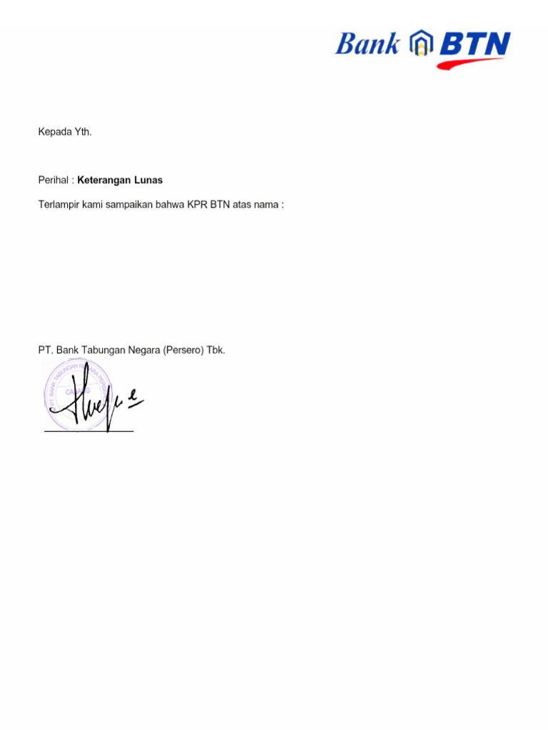 Surat Keterangan Lunas Bank BTN - 115229 | PDF