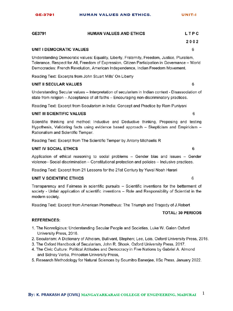 GE3791-HUMAN VALUES & ETHICS U-1 Notes | PDF