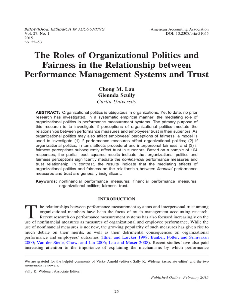 Lau, C. M. Dan G. Scully. 2015. The Roles of Organizational Politics and Fairness in The ...