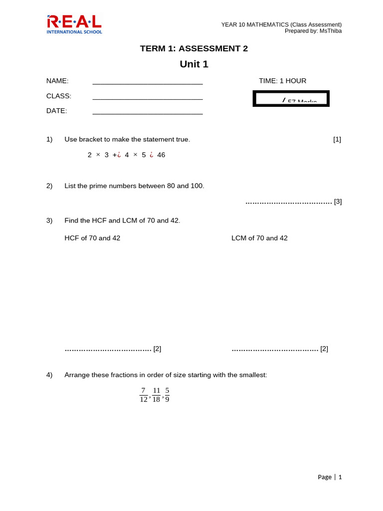 Class Assessment Year 10 Unit 1 | PDF