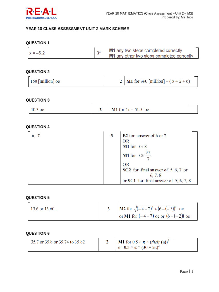 Class Assessment Year 10 Unit 2 MS | PDF