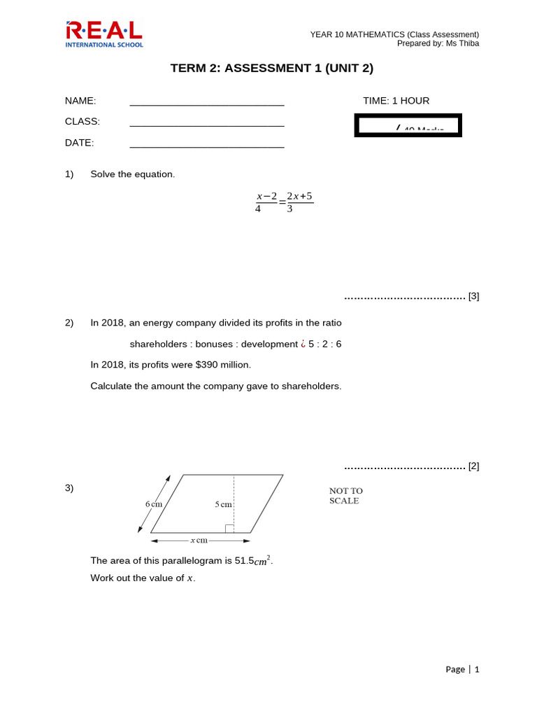 Class Assessment Year 10 Unit 2 QP | PDF