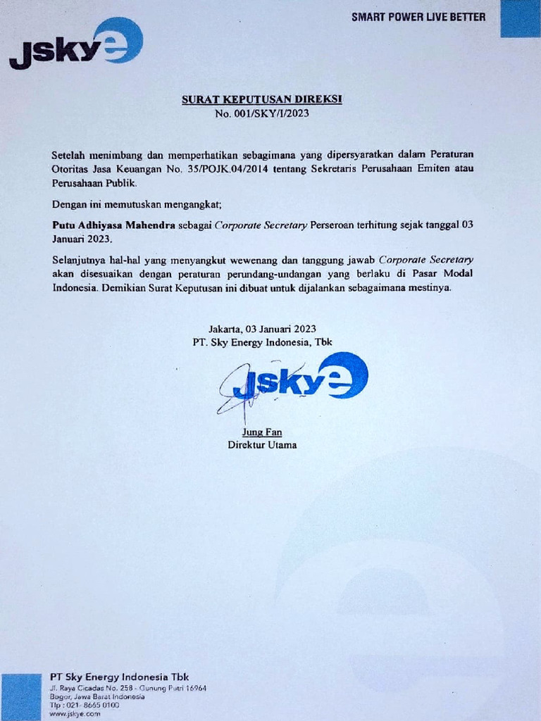 JSKY 2023 SK DIR Corporate Secretary | PDF | Finance & Money Management | Technology & Engineering