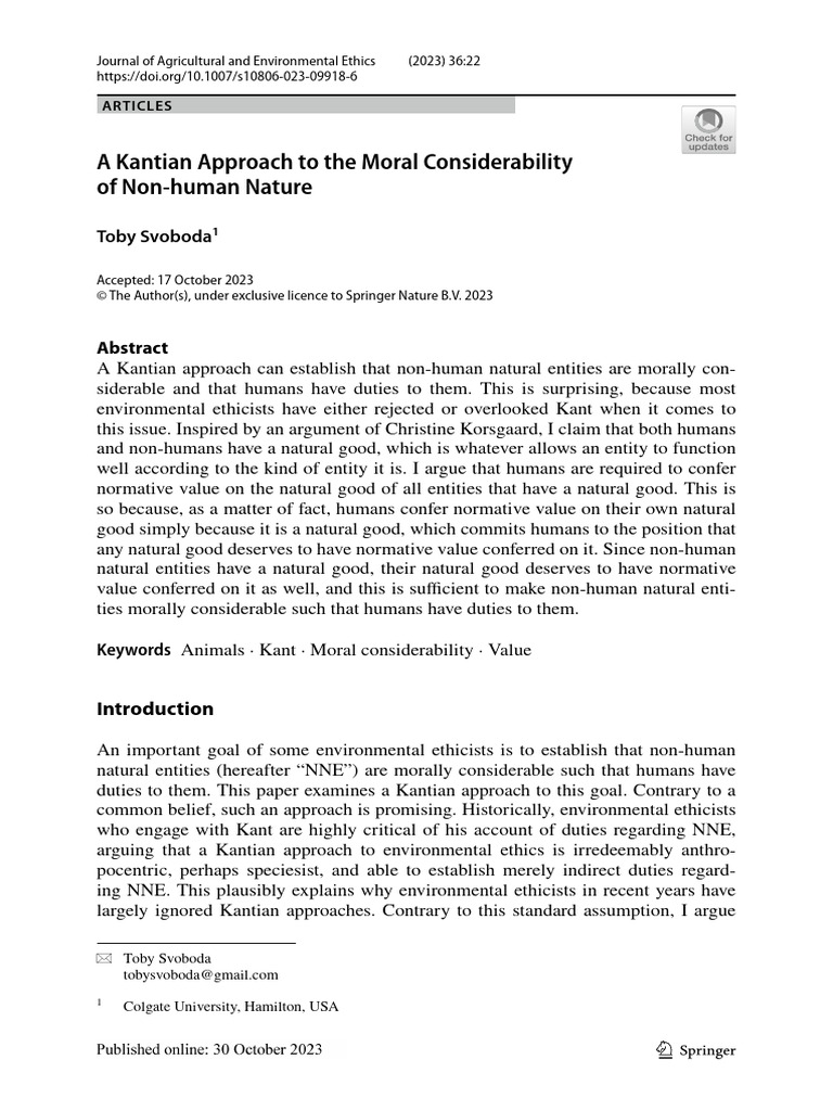 A Kantian Approach To The Moral Considerability of Non Human Nature | PDF