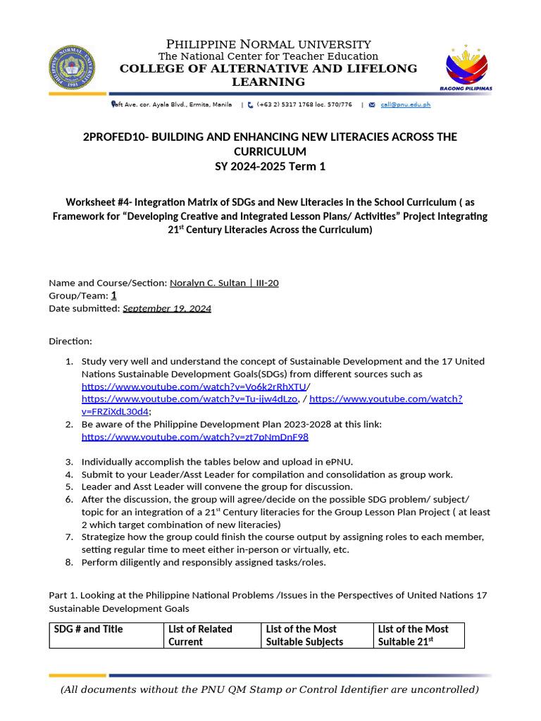 Worksheet 4 - SDG and 21st Century Matrix | PDF