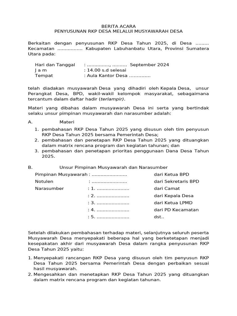 6c.ba, Daftar Hadir, Notulen Dan Berita Acara Penyusunan RKP Desa Melalui Musdes 2025 | PDF