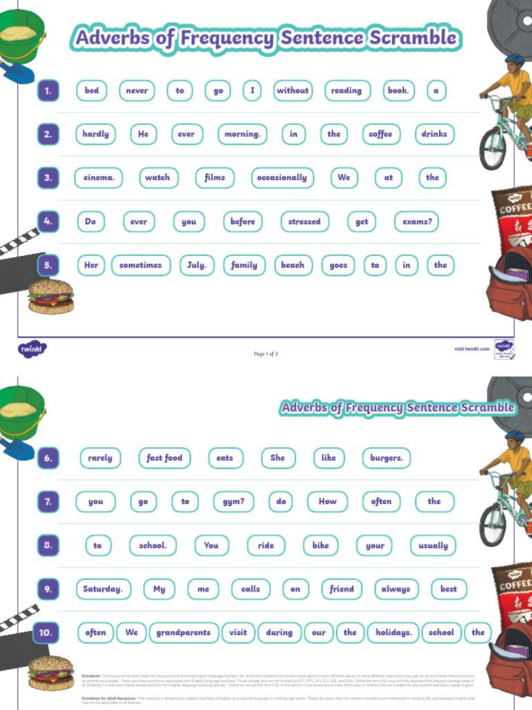 ESL Adverb Sentence Scramble | PDF | English As A Second Or Foreign ...