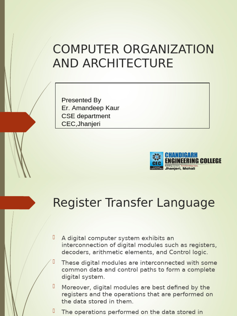 Computer Organization and Architecture: Presented by Er. Amandeep Kaur CSE Department CEC ...