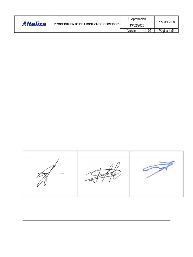 PR Ope 008 Procedimiento de Limpieza Comedor v.02 | PDF