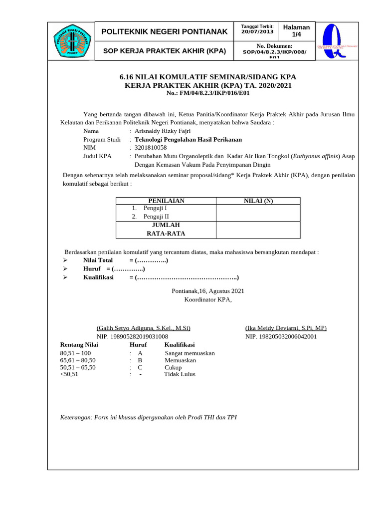 .. Form Checklist Dan Lembar Nilai Komulatif | PDF
