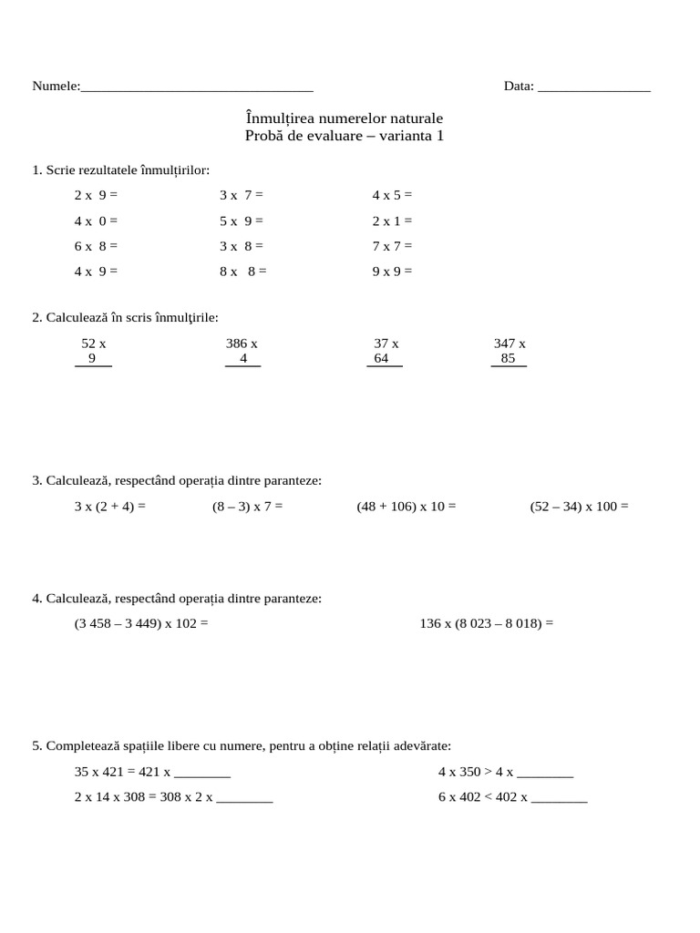 Test Inmultirea Numerelor Naturale | PDF