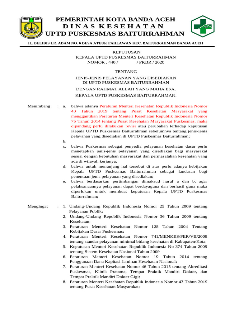 Contoh SK Jenis - Jenis Pelayanan Yang Disediakan Di Puskesmas Baiturrahman | PDF