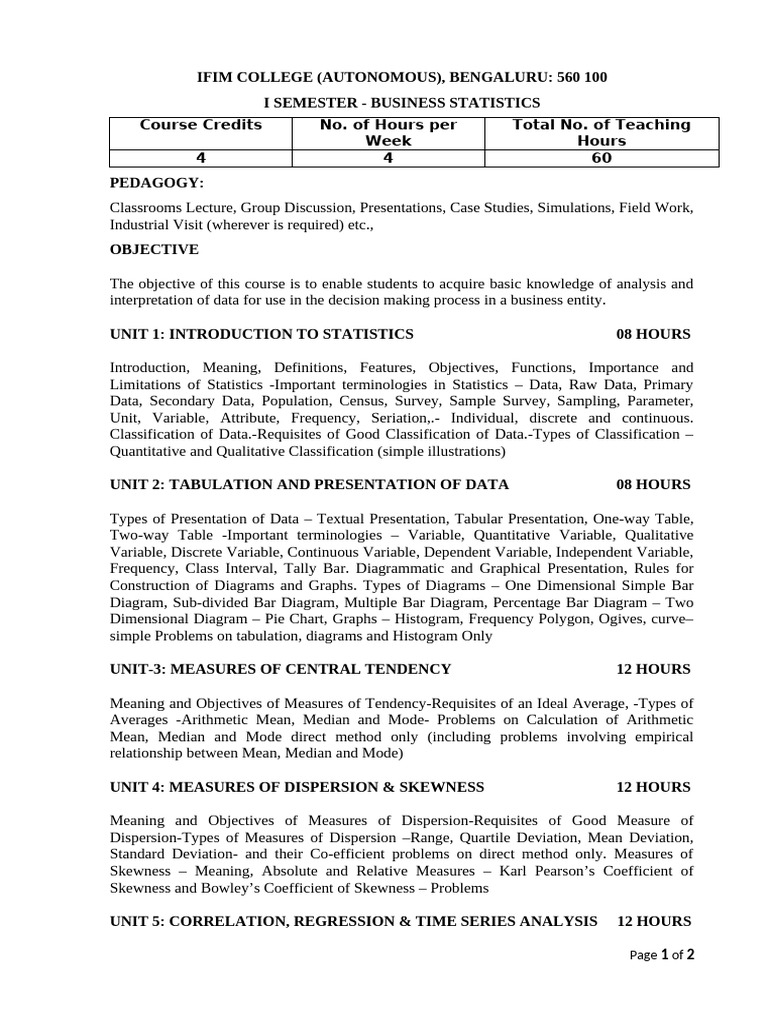 I Sem BCom - Syllabus of Business Statistics - August 2024 | PDF
