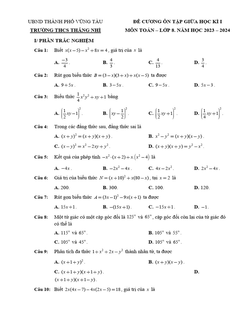 De Cuong Giua Hoc Ki 1 Toan 8 Nam 2023 2024 Truong Thcs Thang Nhi BR VT | PDF