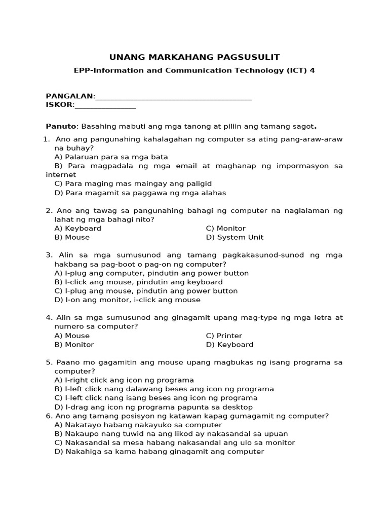 Epp Ict 4 Matatag - 1ST - Quarter Examination | PDF