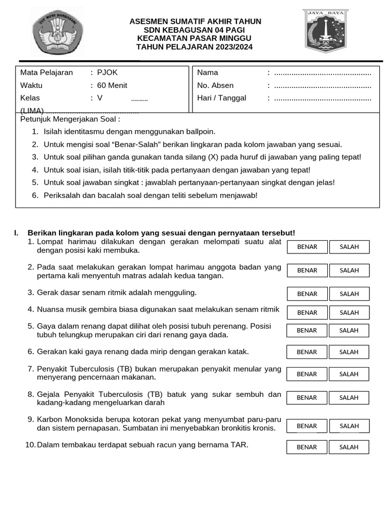 Pat Pjok Kelas 5 2023-2024 Eerr | PDF