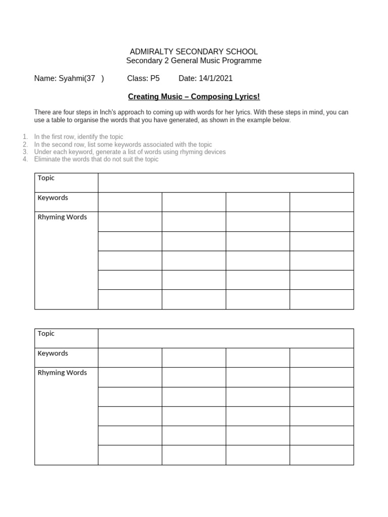 Composing Lyrics Template 2022 | PDF