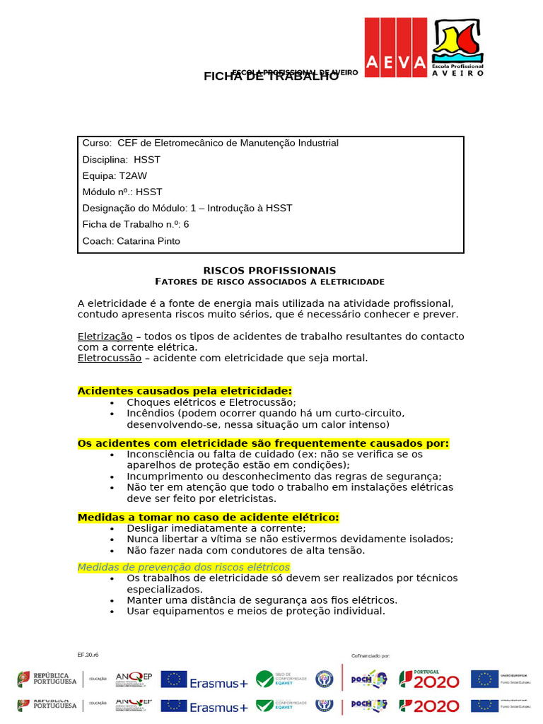 Ficha de trabalho 6_riscos elétricos | PDF