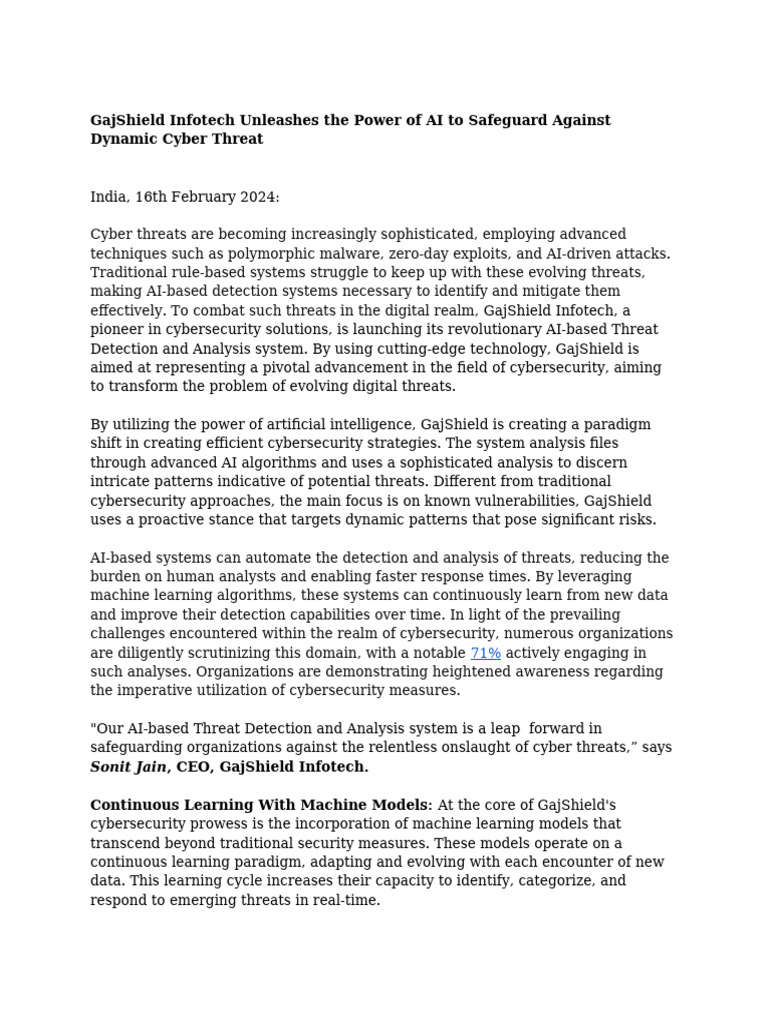 Press Release - GajShield Infotech Unleashes The Power of AI To ...