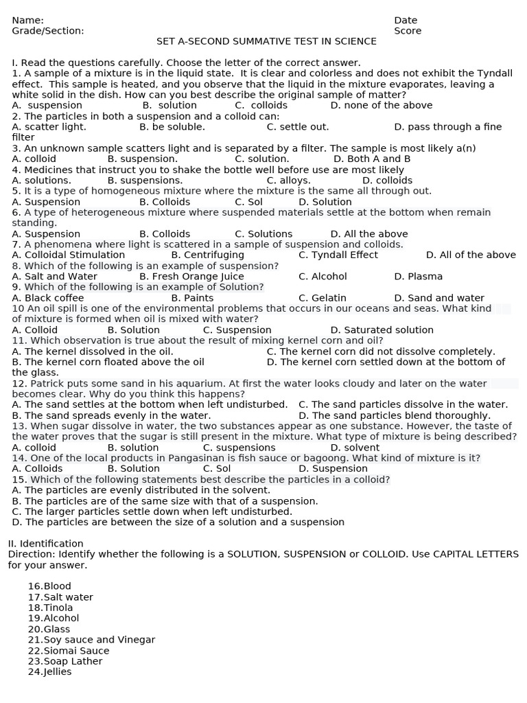 2ND Summative Test in Science-2022 | PDF