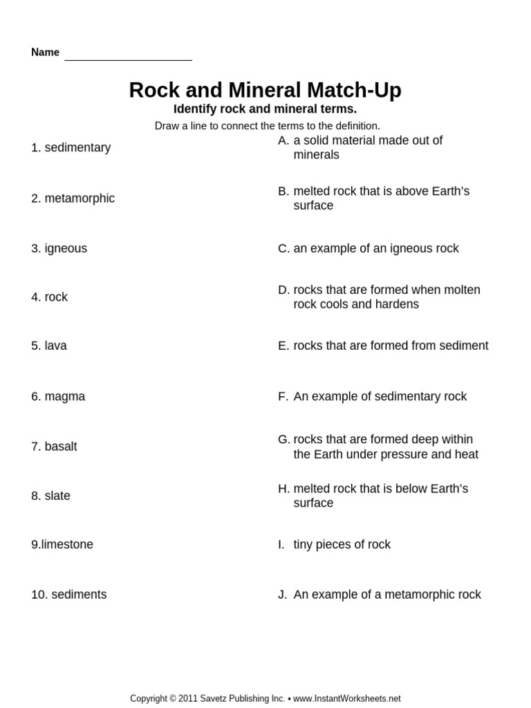 Rocks Minerals Vocabulary Matching WS | PDF | Rock (Geology) | Magma