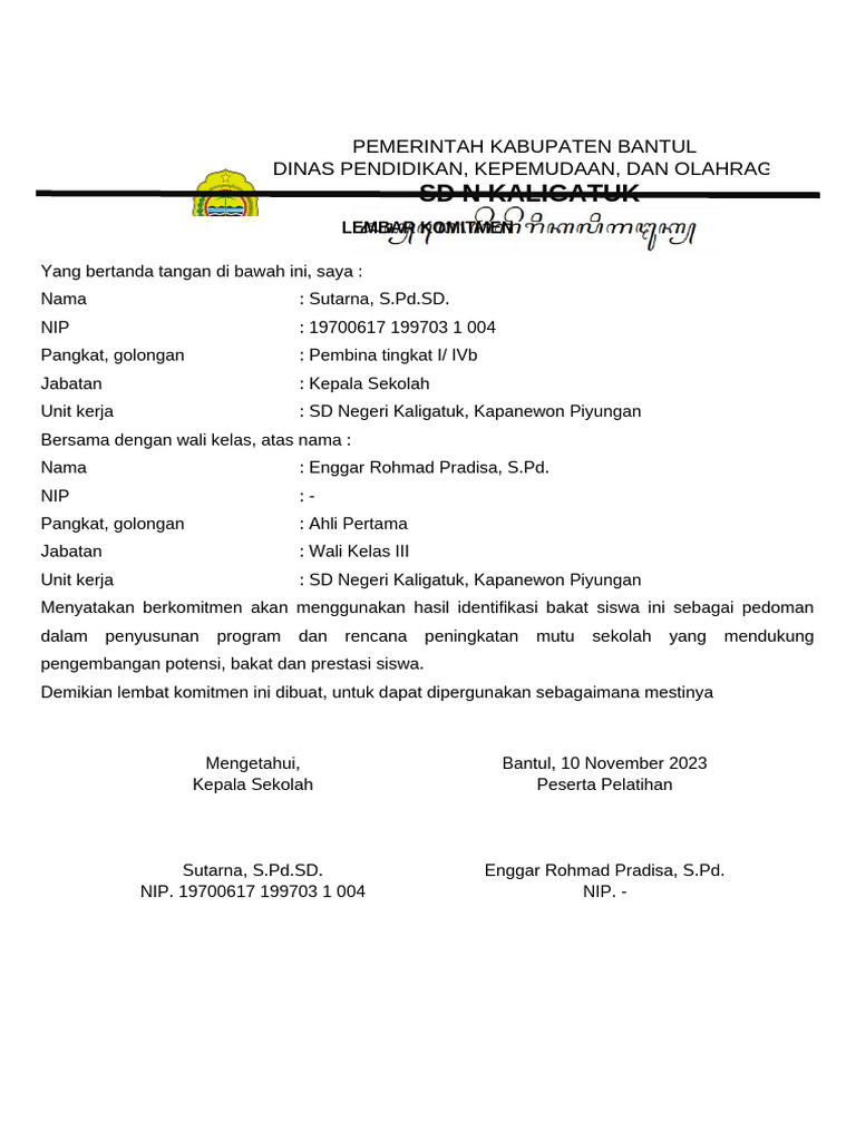 Lembar Komitmen Guru Dan Kepala Sekolah | PDF