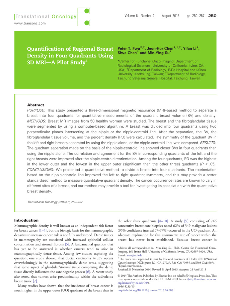 Quantification of Regional Breast Density in Four Quadrants Using 3D MRI-A Pilot Study | PDF