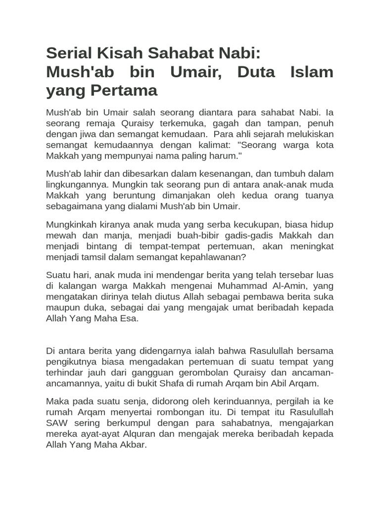 Serial Kisah Sahabat Nabi - Mushab Bib Umai | PDF