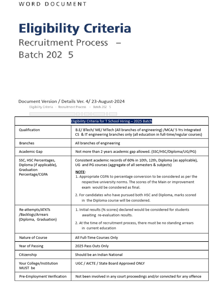 Eligibility Criteria_Technical_Engineering batch 2025 | PDF