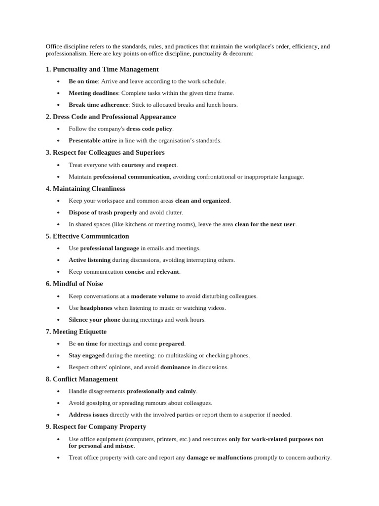 Key Points On Office Discipline, Decorum & Etiquette | PDF