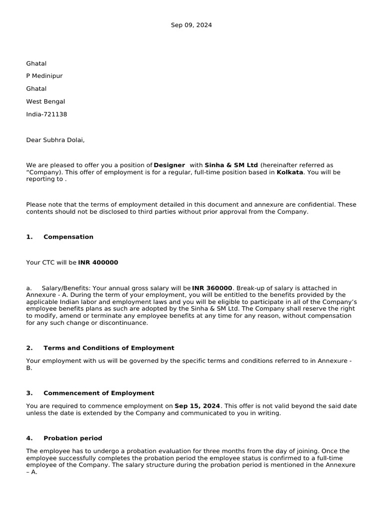 Offer - Letter - Subhra Dolai | PDF | Employment | Business