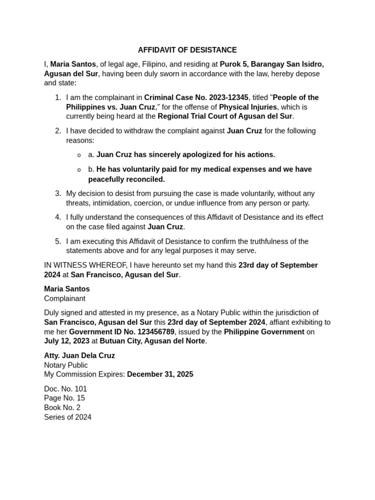 Affidavit of Desistance Sample | PDF