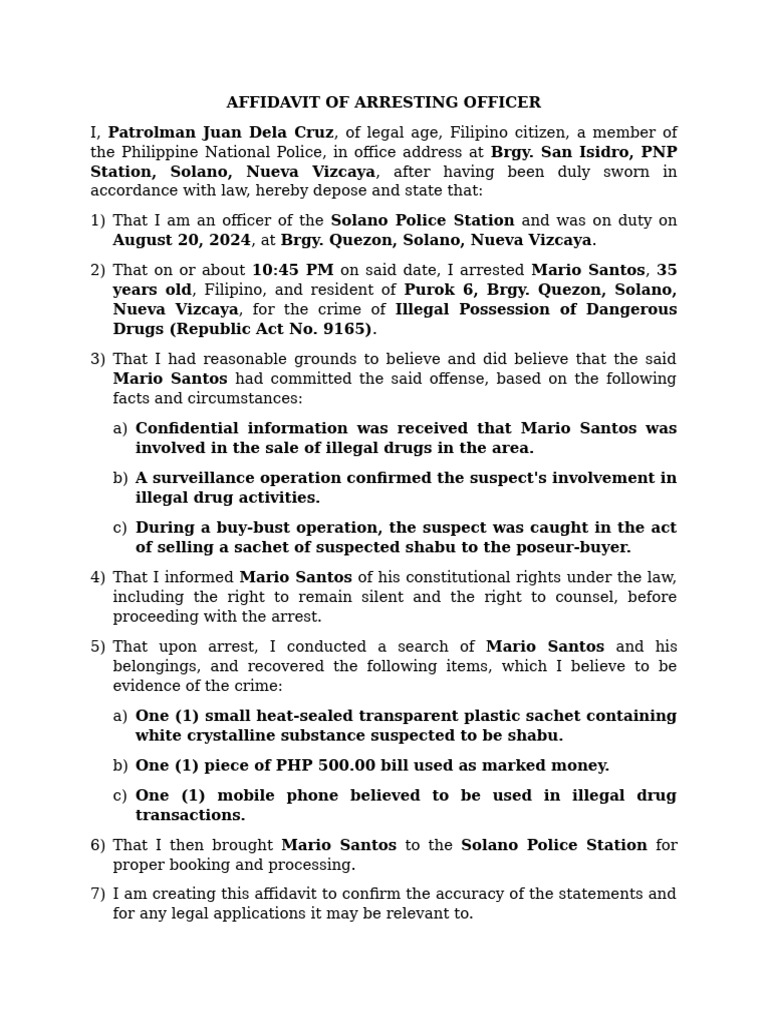AFFIDAVIT OF ARRESTING OFFICER Sample | PDF